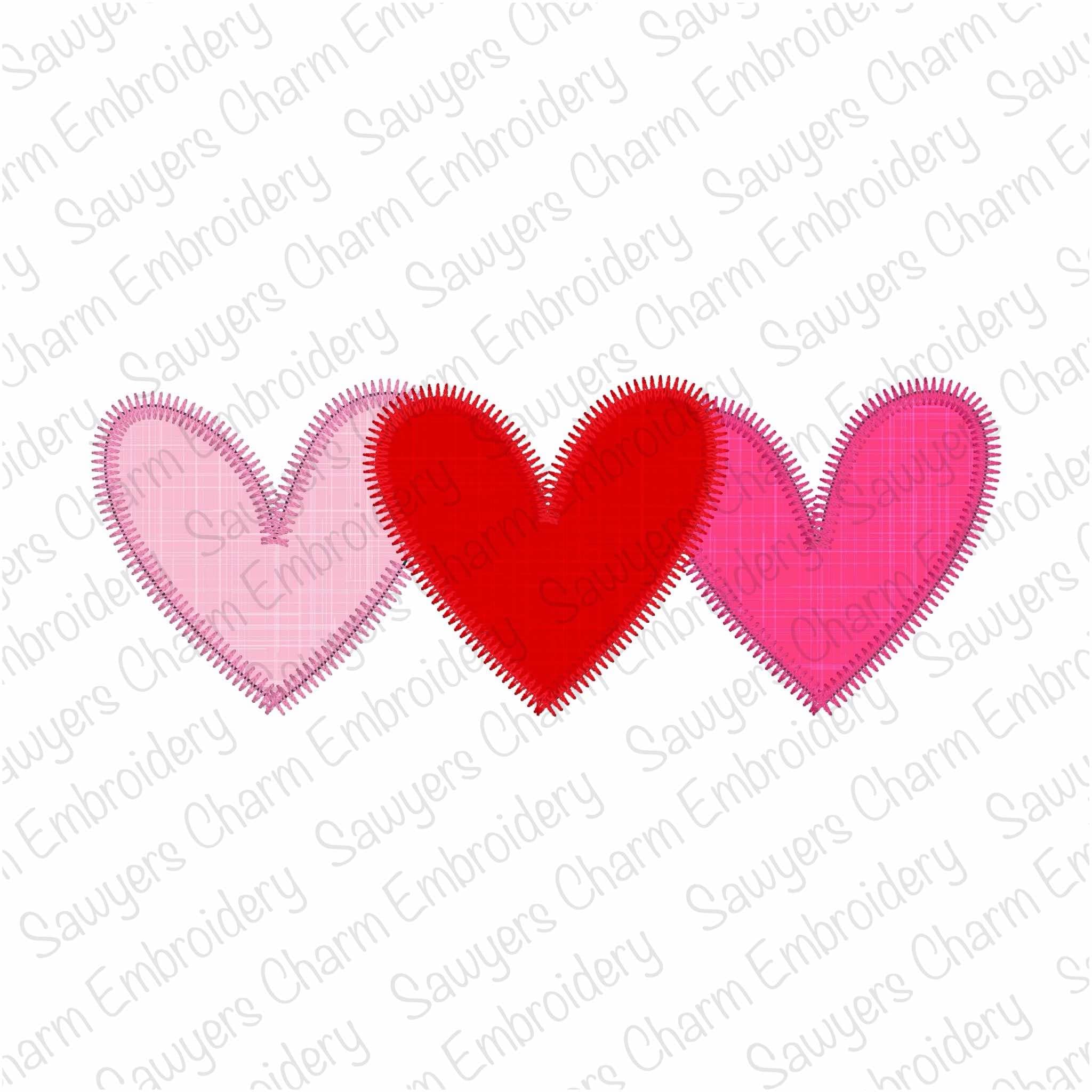 BUNDLE Heart trio zig zag & bean stitch applique, machine embroidery d ...