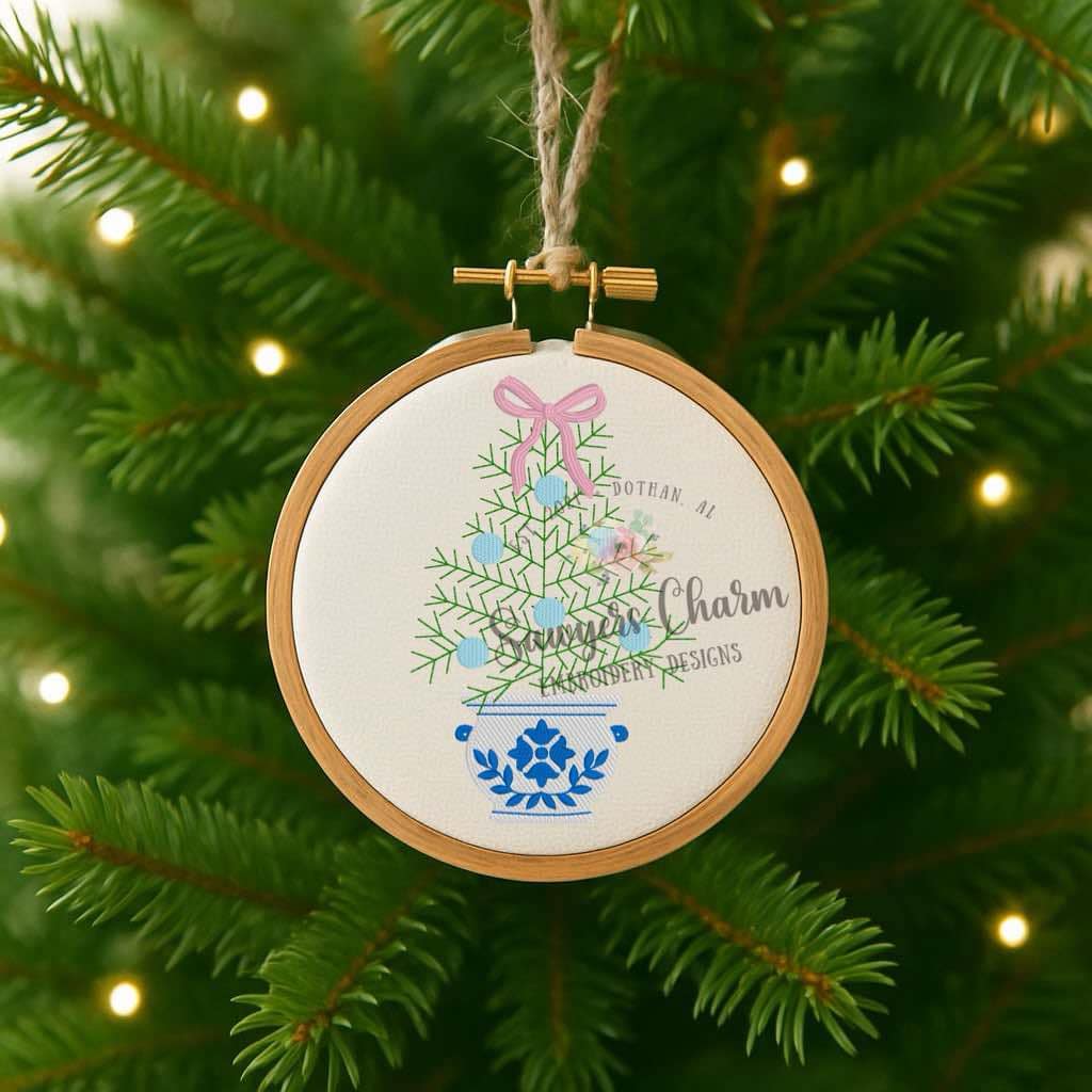 Christmas tree in delft pot stitch machine embroidery design file, fil – Sawyers Charm