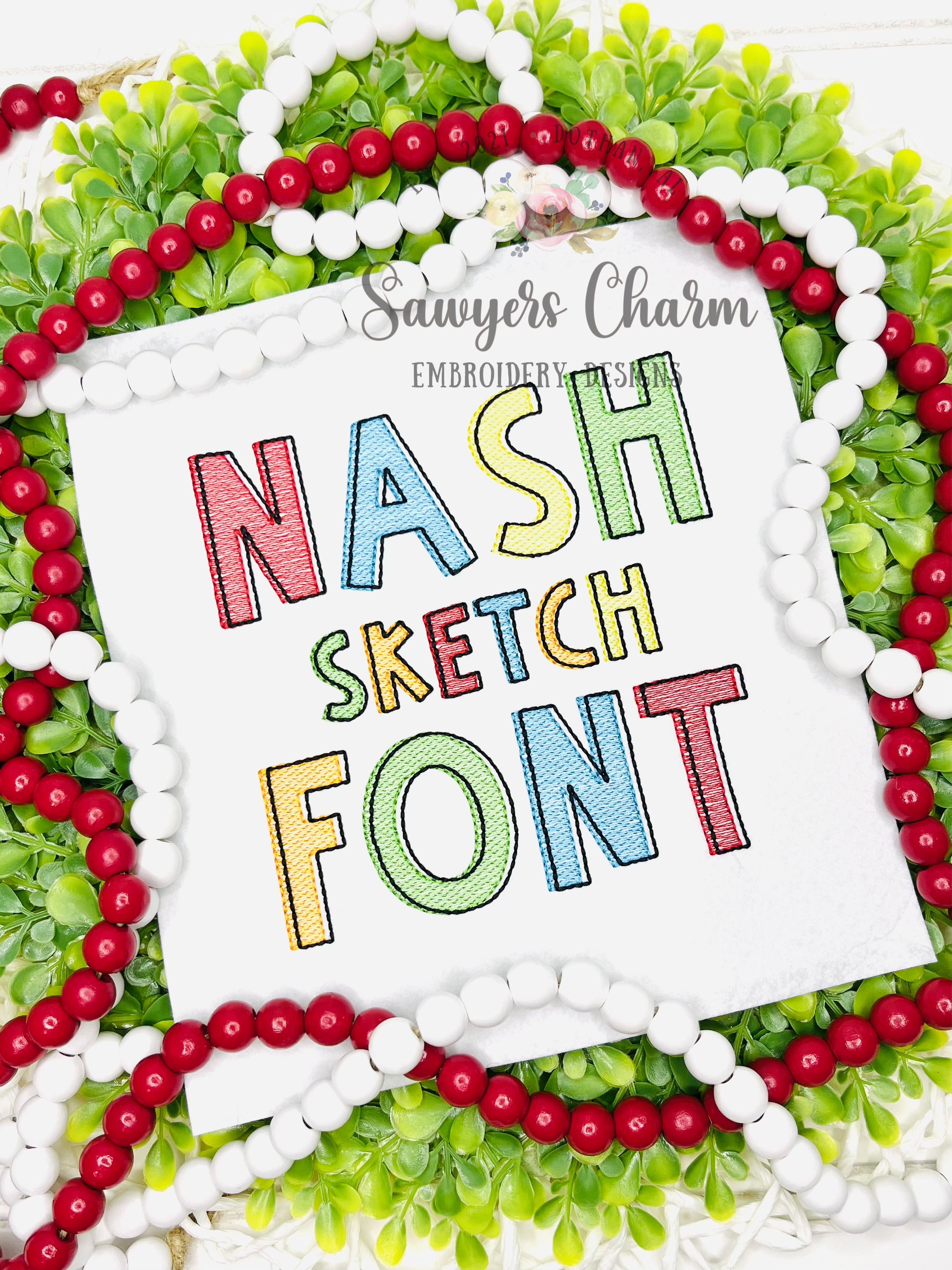Nash Sketch machine embroidery font, bean stitch details, BX included ...