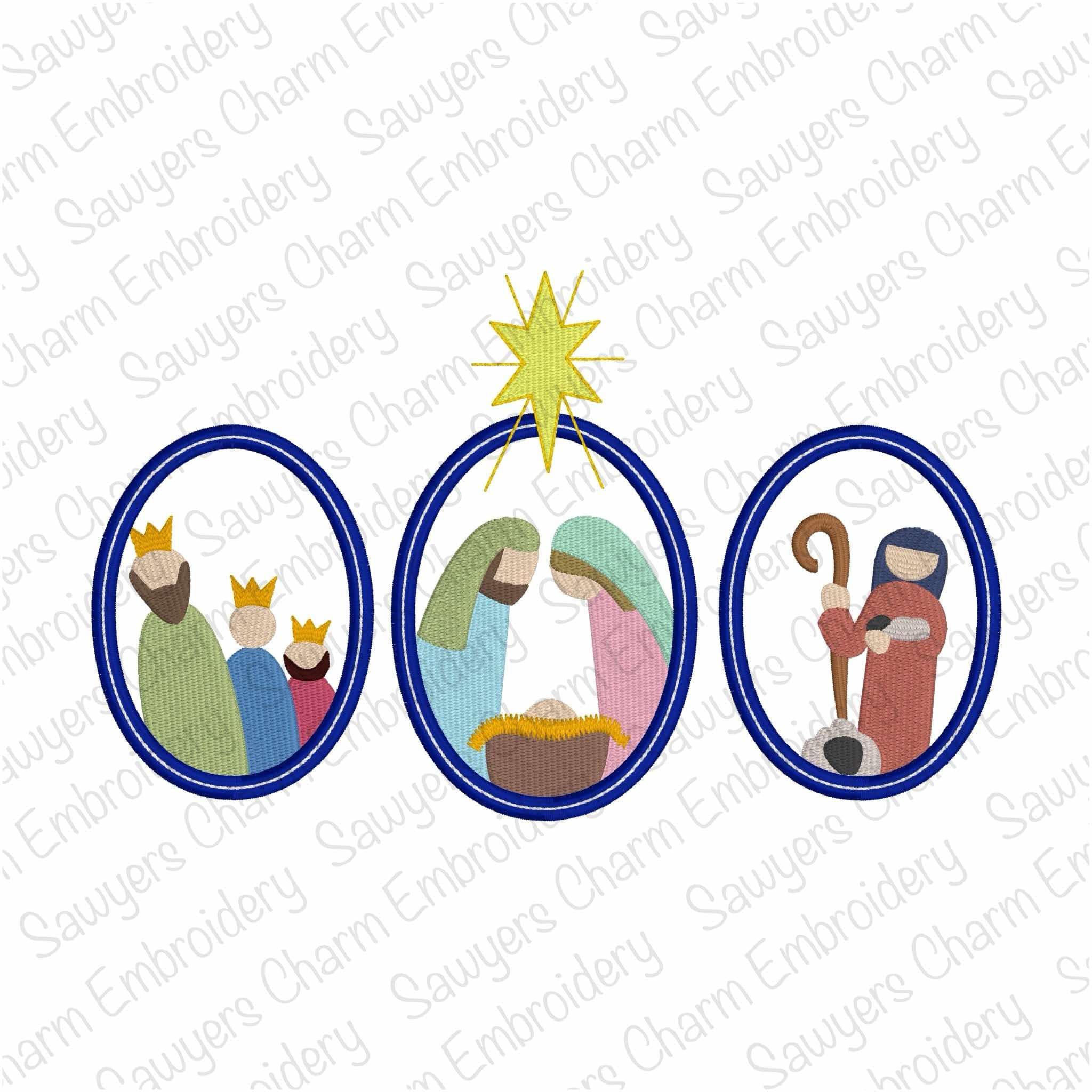 Nativity scene with Bethlehem star oval frame trio, fill stitch machin ...