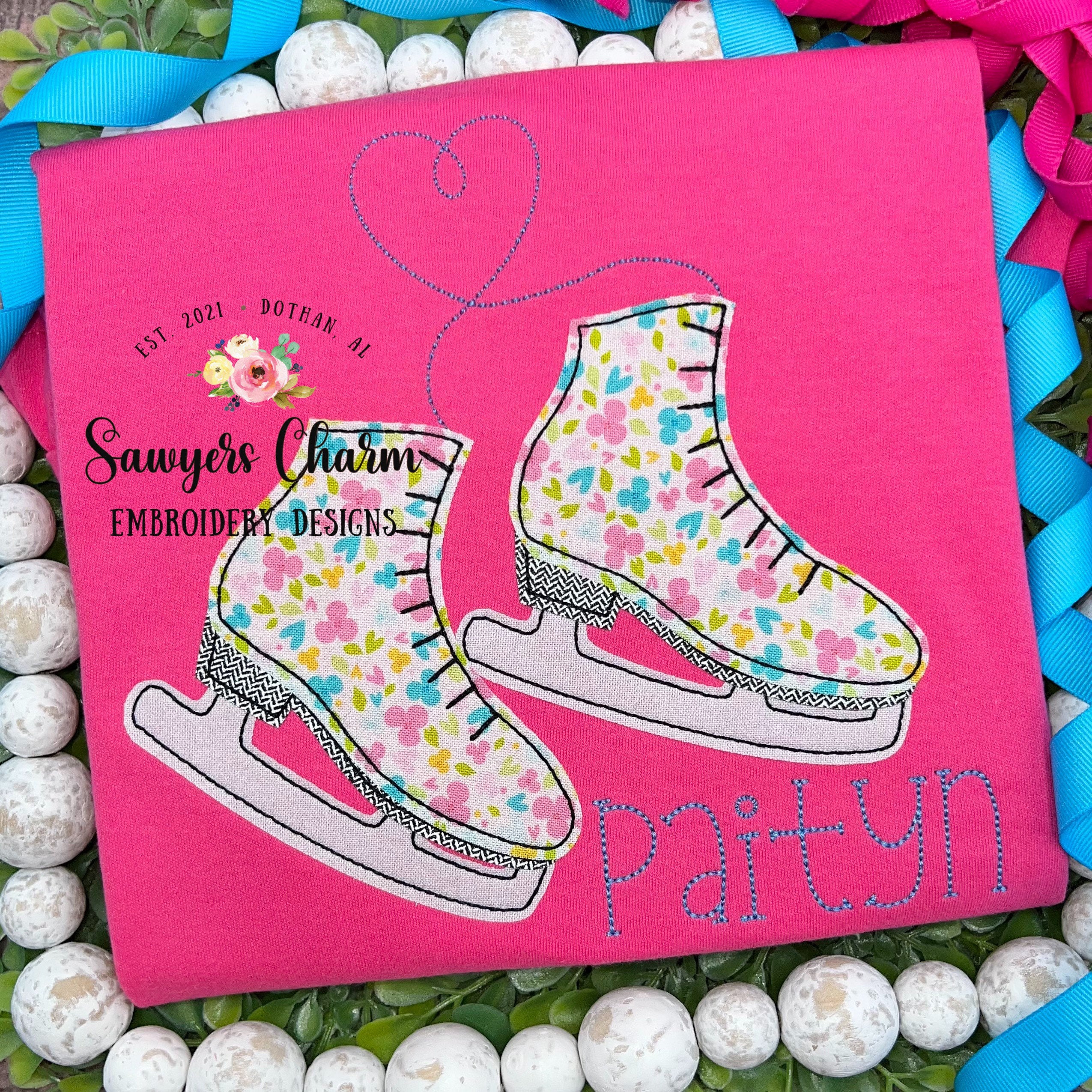 BUNDLE Ice skates heart strings zigzag and bean stitch machine appliqu ...